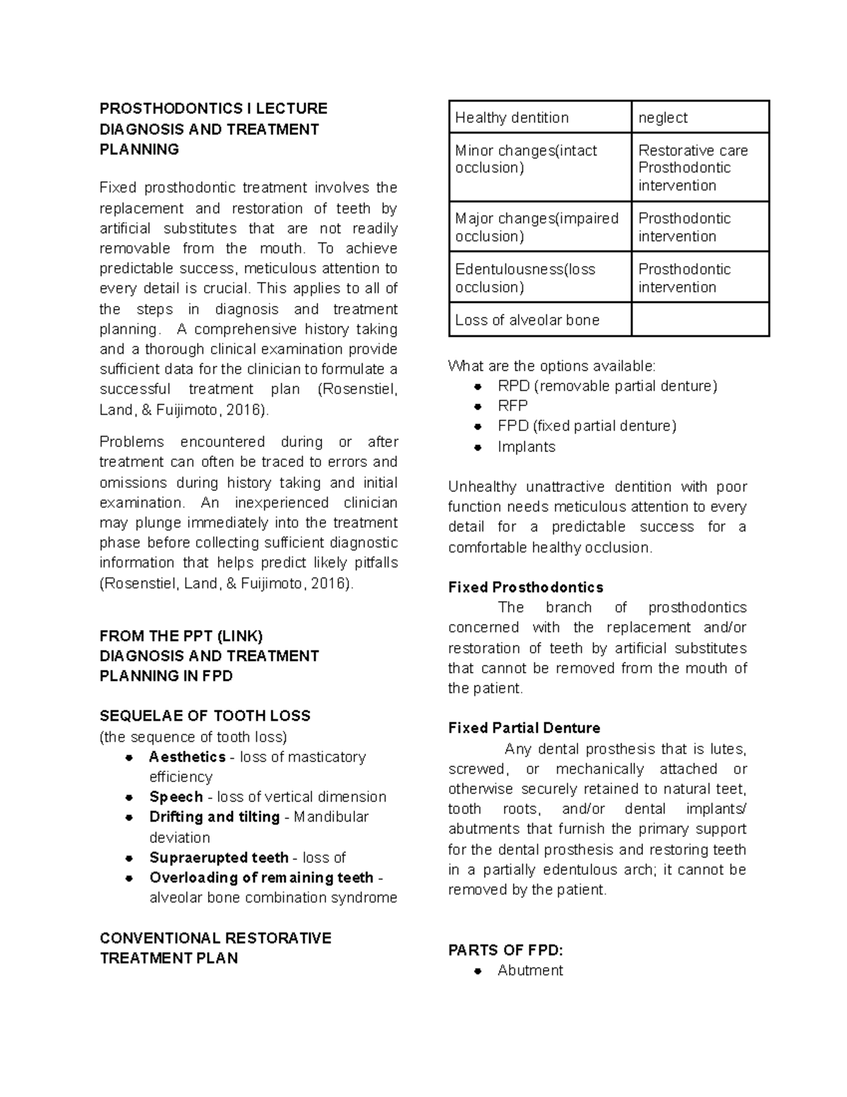 Prosthodontics I Lecture: Diagnosis & Treatment Planning Overview - Studocu
