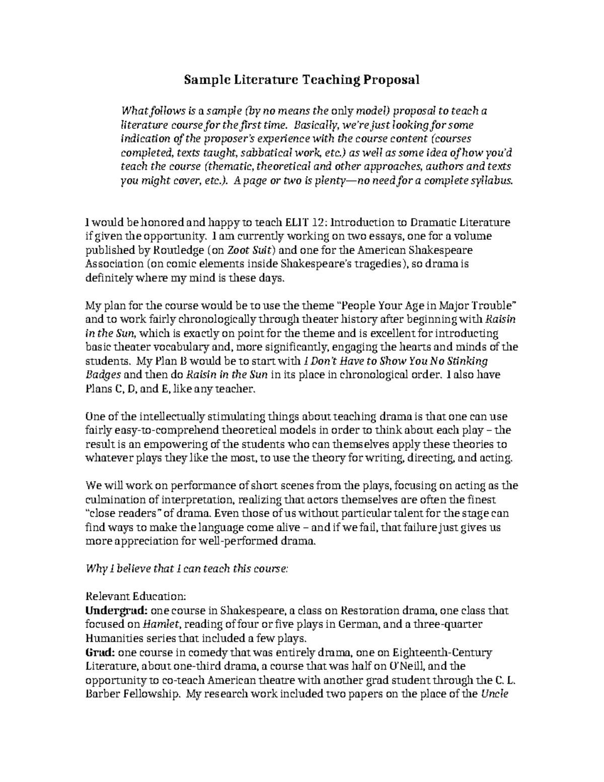 ELIT 12: Sample Teaching Proposal for Dramatic Literature Course - Studocu