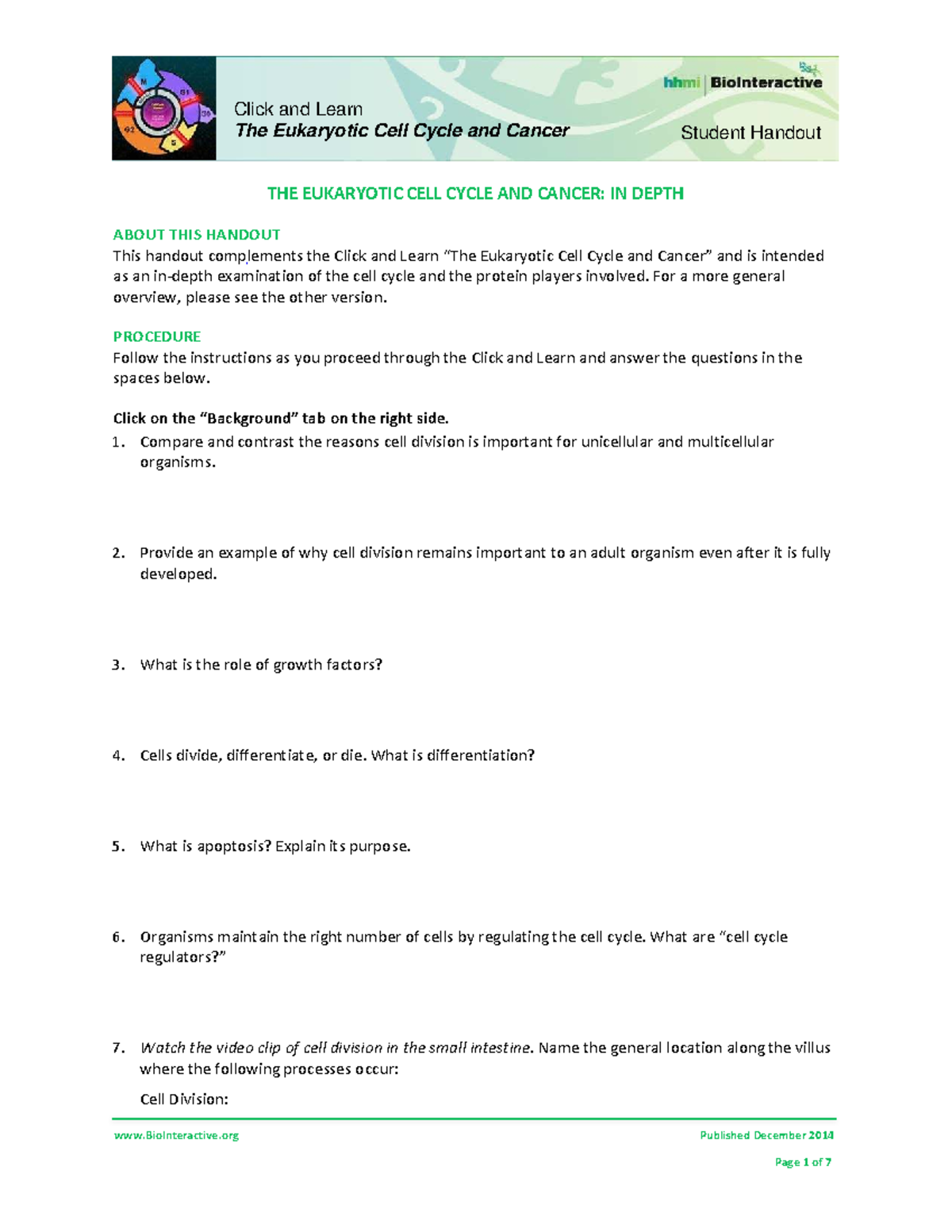 B3PHB Final Exam: Eukaryotic Cell Cycle & Cancer Student Handout - Studocu