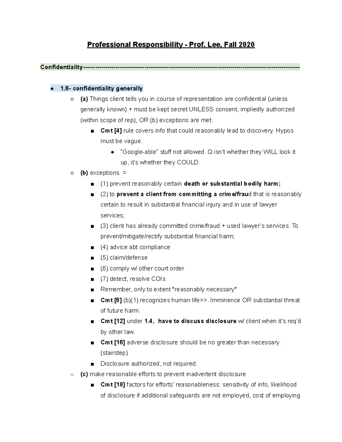 Professional Responsibility Outline - Prof. Lee (Fall 2020) - Studocu