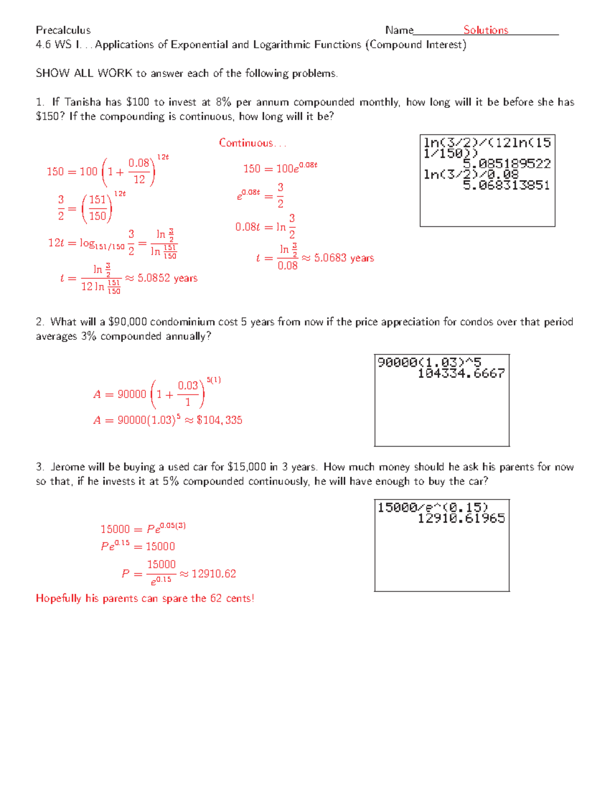 4.6 WS I - Complete Precalculus Homework on Exponential Functions - Studocu