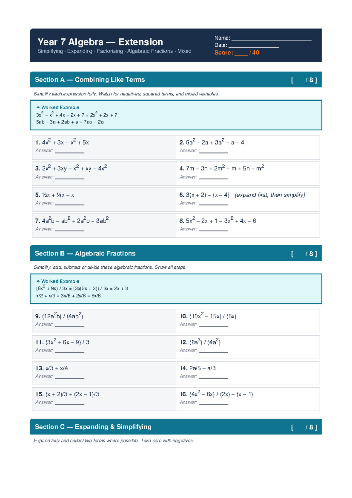 Year 7 Algebra Extension Worksheet: Simplifying, Expanding ...