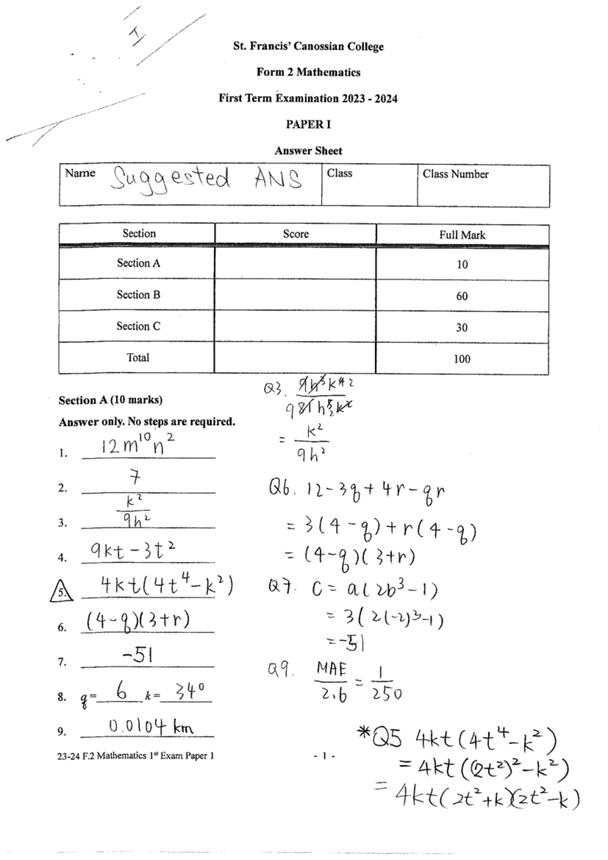 F.2 Mathematics 1st Term Exam 2023-2024 Paper I Solutions - Studocu