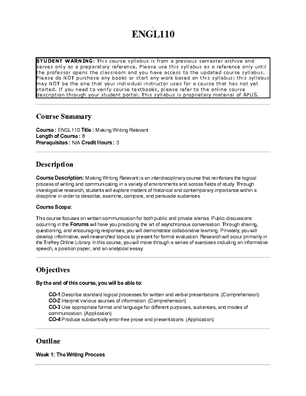 ENGL110 Course Syllabus: Making Writing Relevant (Previous Semester ...