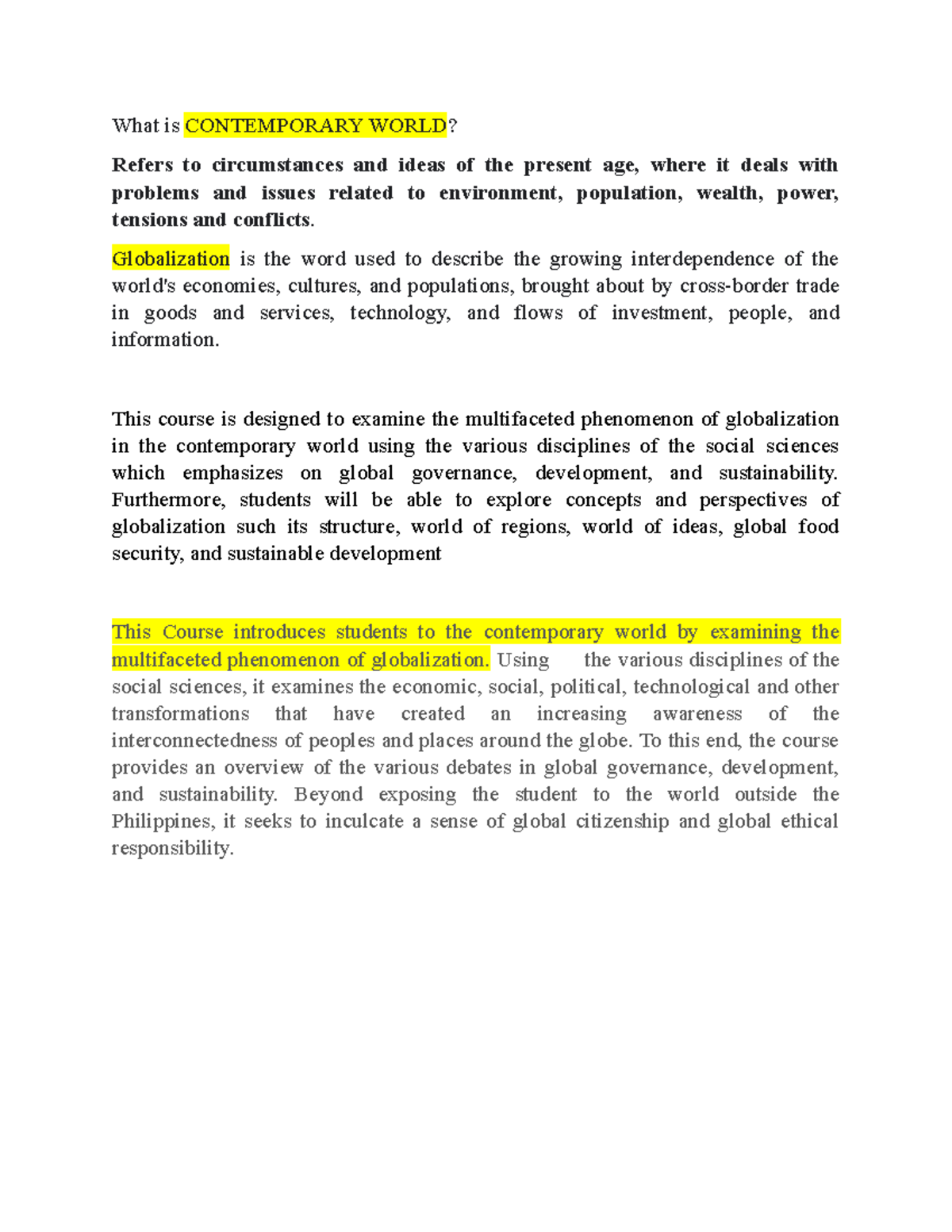 Contemporary World and Globalization Overview: Course Introduction ...