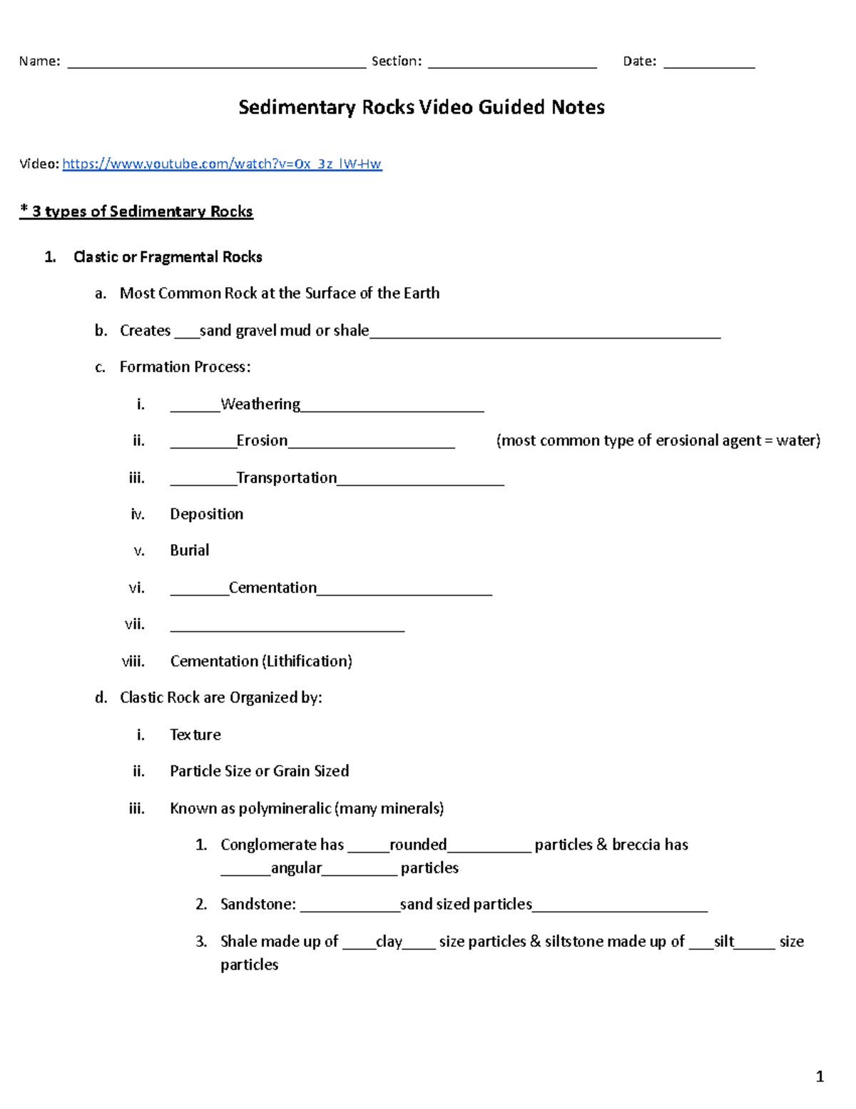 Sedimentary Rocks Guided Notes - Lucca Moss Video Overview - Studocu