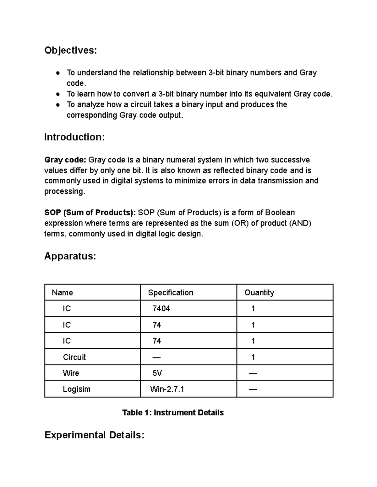 Lab Report 2 - Gray Code - Objectives: To understand the relationship ...