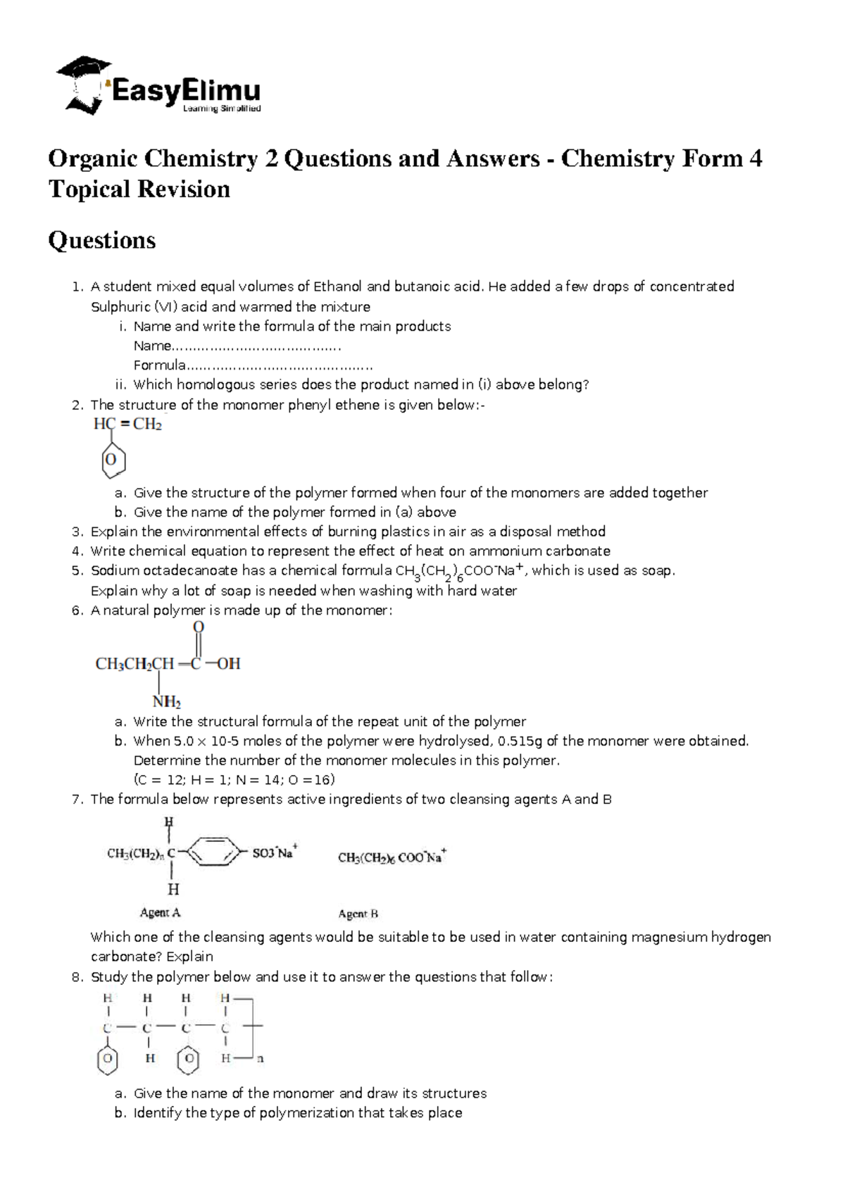 Organic Chemistry 2: Topical Revision Q&A for Form 4 Students - Studocu