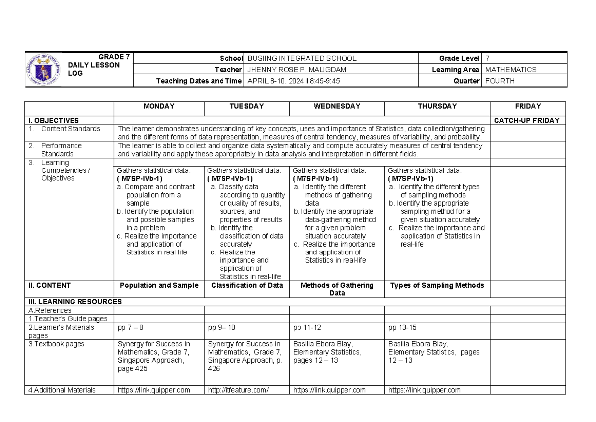 G7Q4DLL LC56 - Copy - math - GRADE 7 DAILY LESSON LOG School BUSIING ...