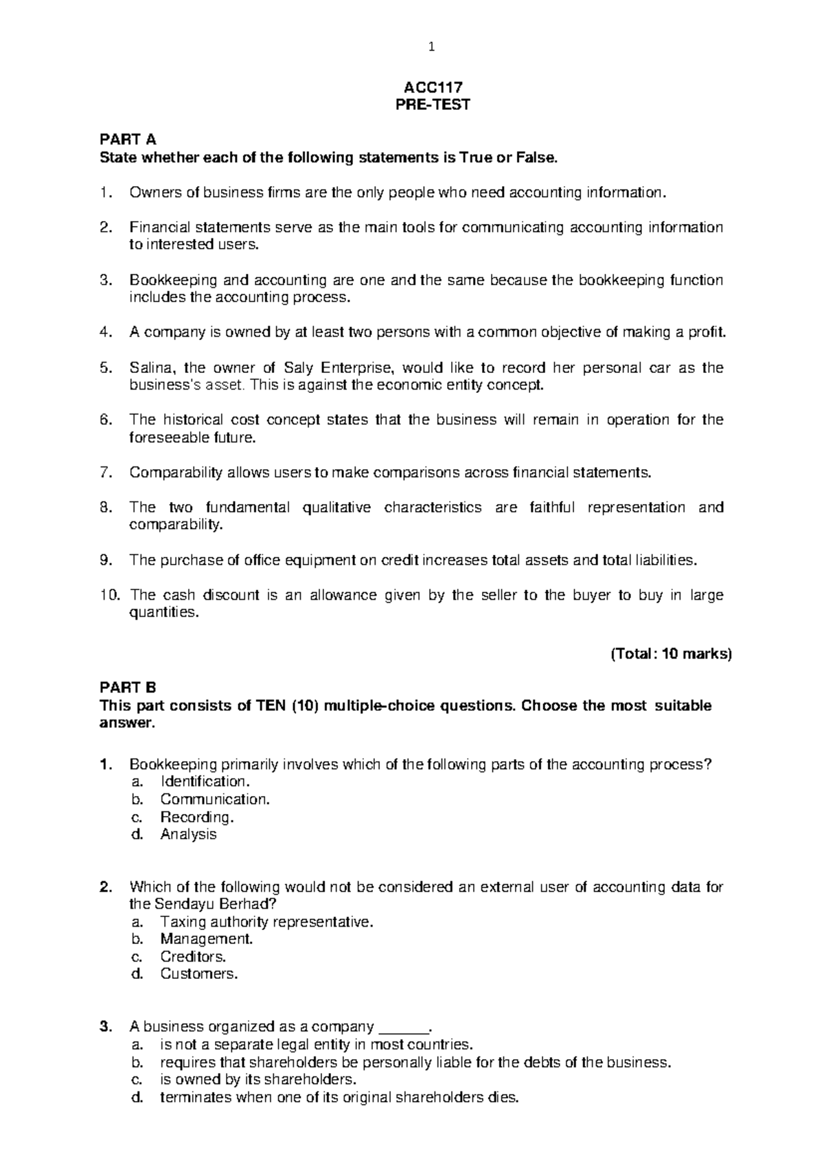 ACC117 Pre-Test Questions: True/False & Multiple Choice (May 2025 ...