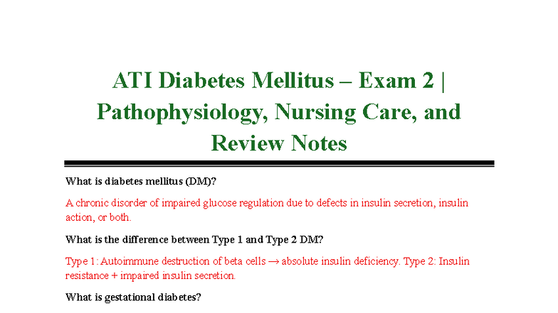 ATI Diabetes Mellitus Exam 2: Pathophysiology & Nursing Care Notes ...