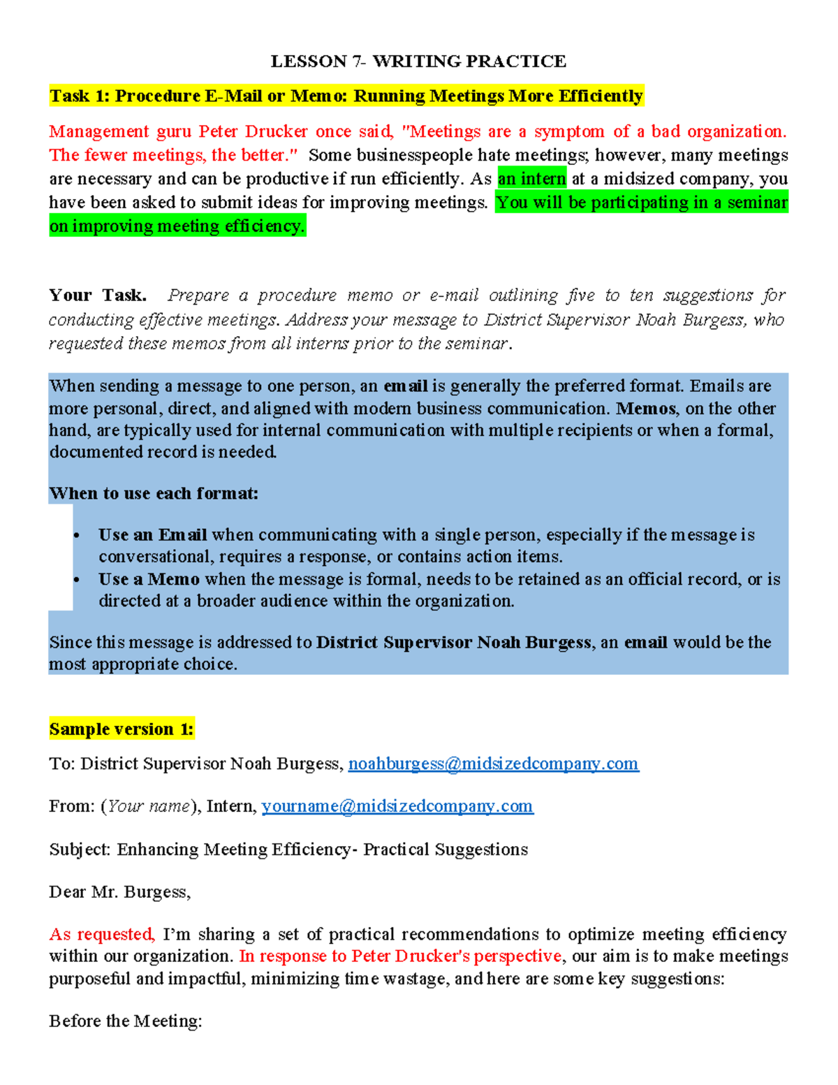 Lesson 7: Writing Practice - Effective Meeting Procedures (Sample ...