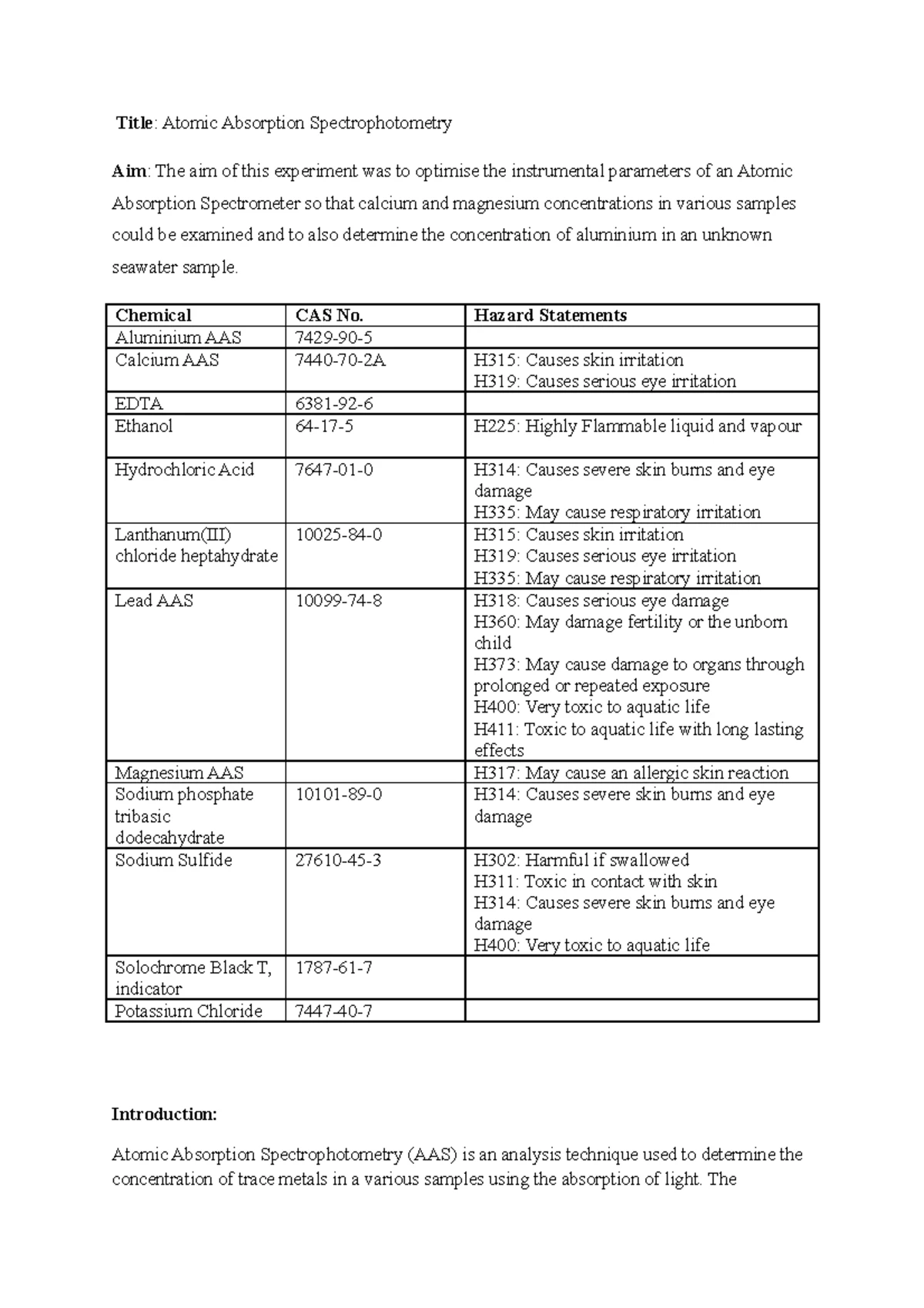 Atomic Absorption Spectroscopy lab report - Title: Atomic Absorption ...