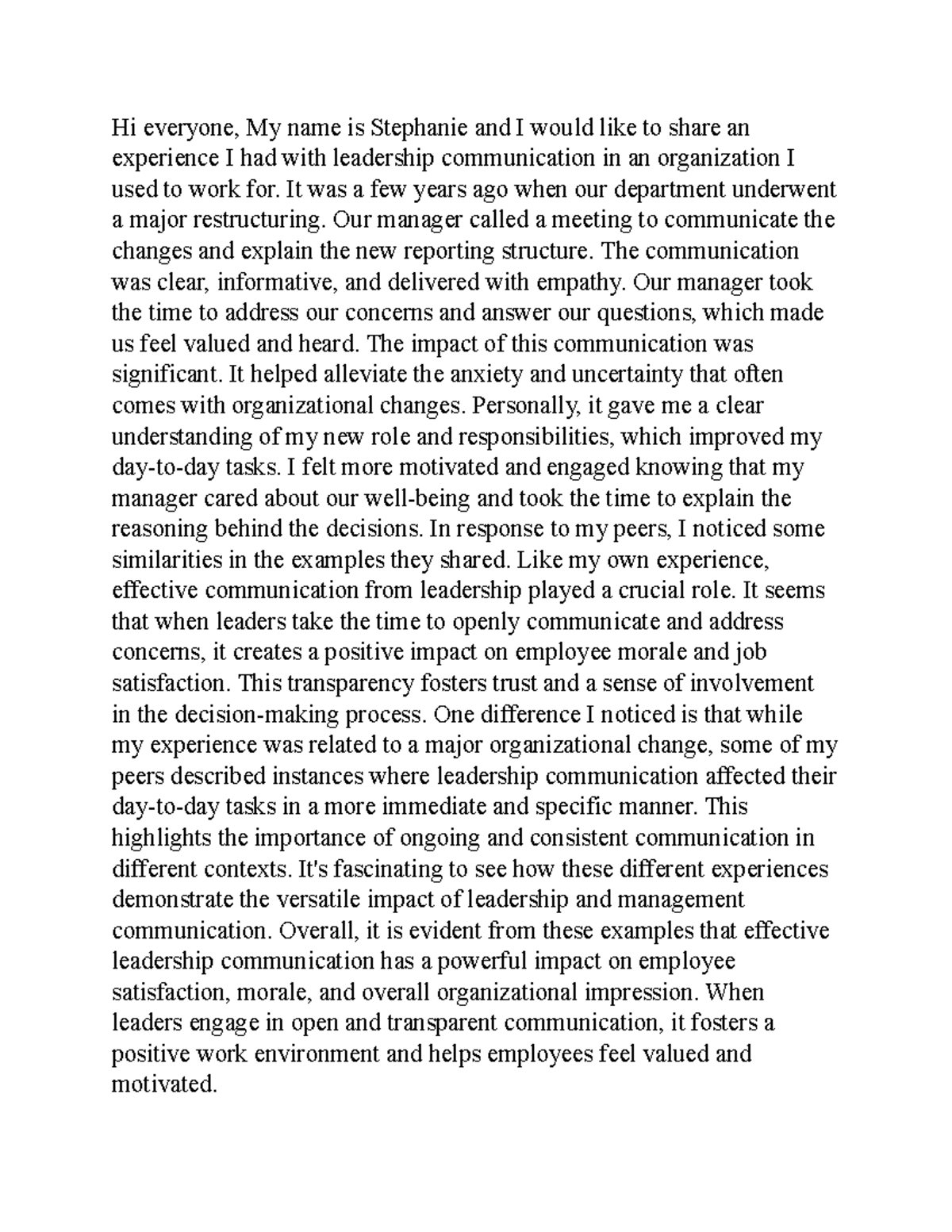 BUS-210-1-2 Discussion: Impact of Leadership Communication on Teams ...