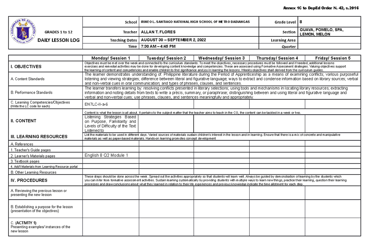 NEW-DLL- Template - Annex 1C to DepEd Order N. 42, s. School IRINEO L ...