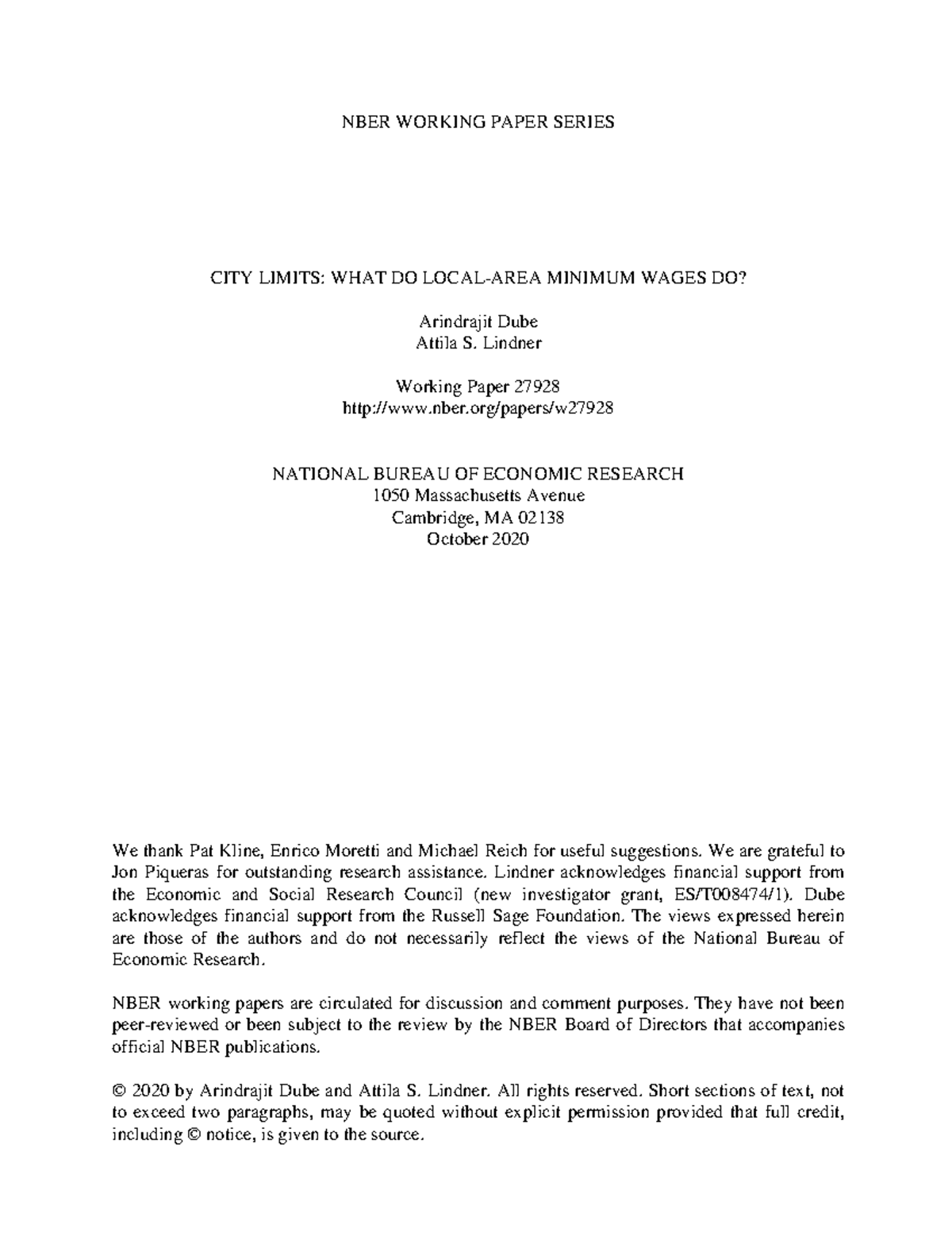 NBER Working Paper 27928: Effects of Local Minimum Wage Policies on ...