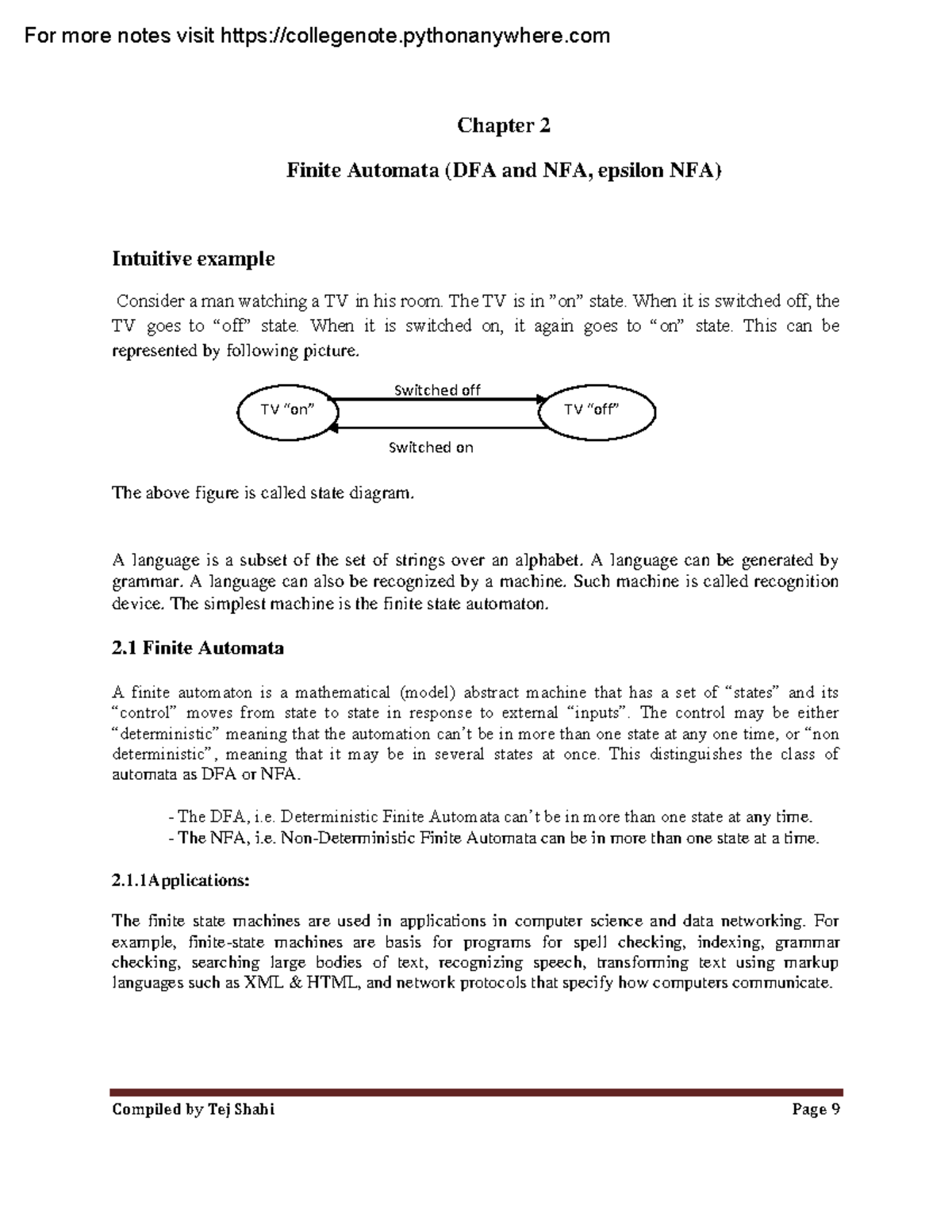 Chapter 2 Notes on Finite Automata (DFA, NFA) - BSc Course - Studocu