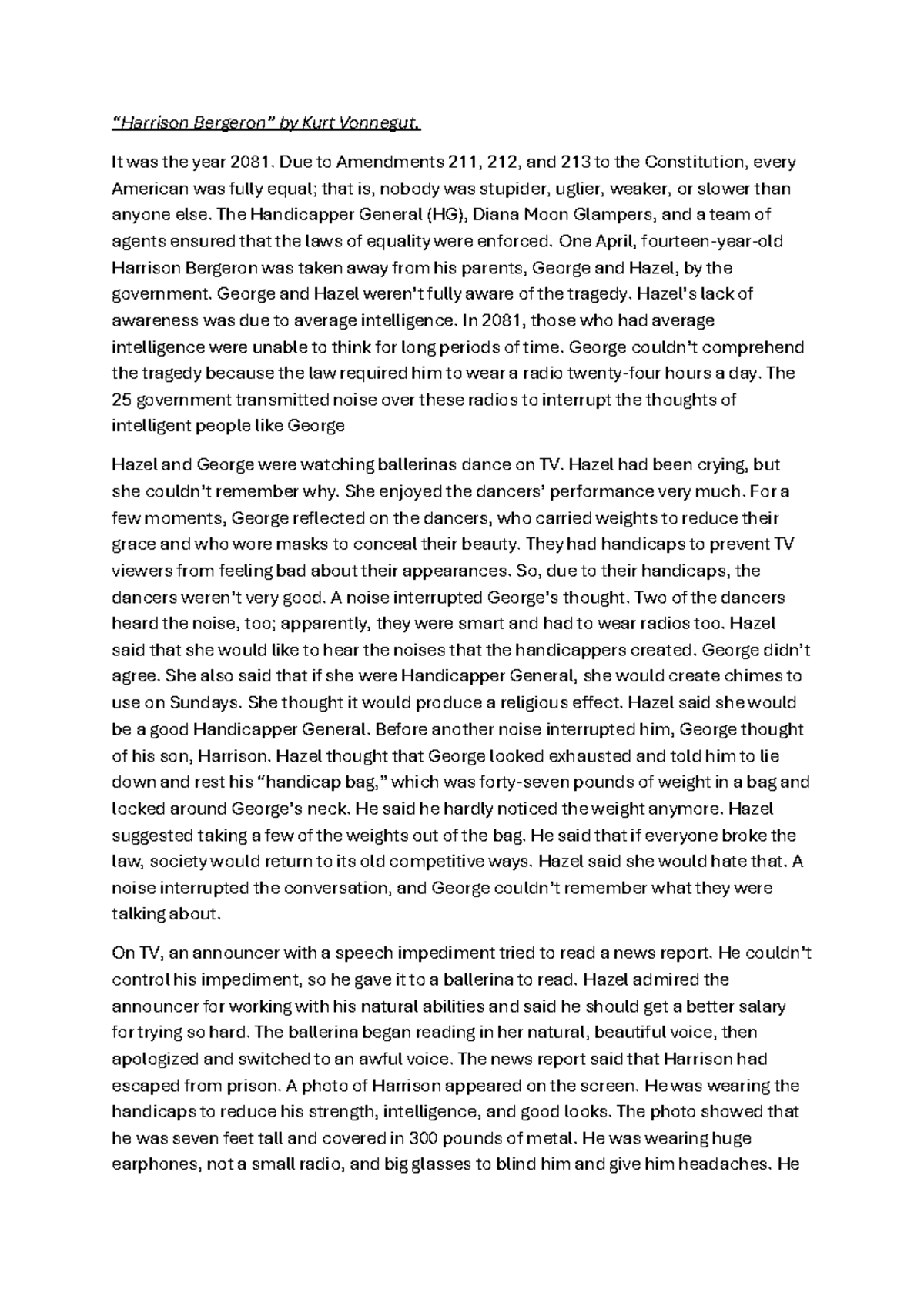 Kurt Vonnegut's "Harrison Bergeron": A Study of Equality and Freedom ...