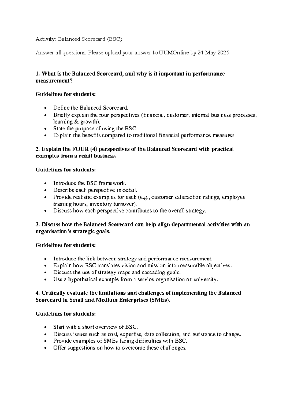 Activity: BSC Practice in Class - Performance Measurement Insights ...