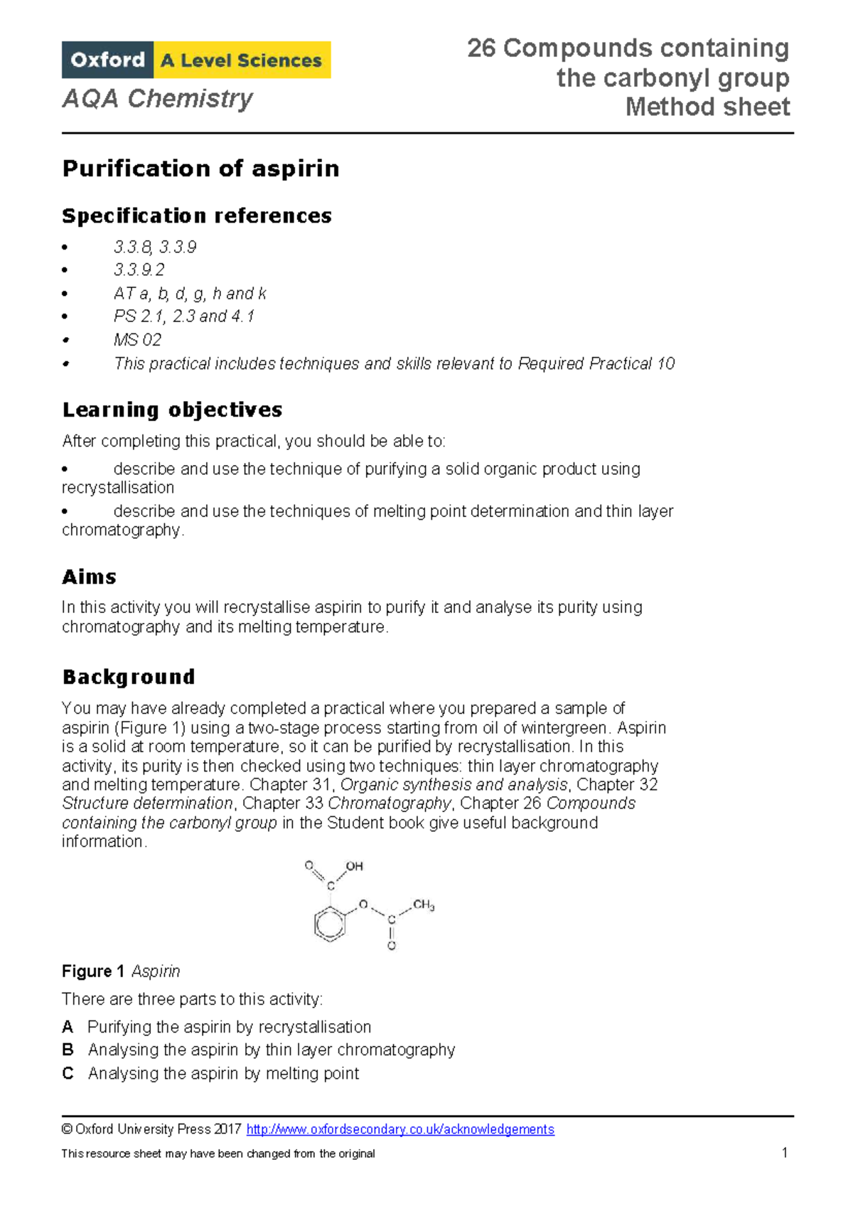 AQA Chemistry 26 Compounds: Practical Method for Aspirin Purification ...
