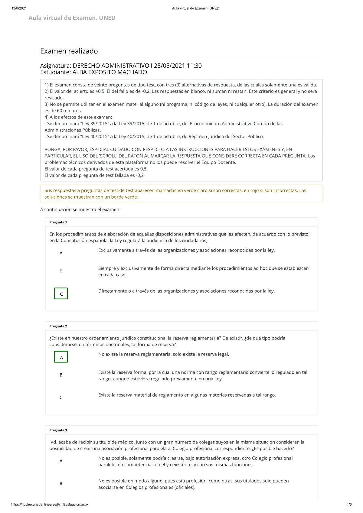 Examen corregido - Examen realizado Asignatura: DERECHO ADMINISTRATIVO ...