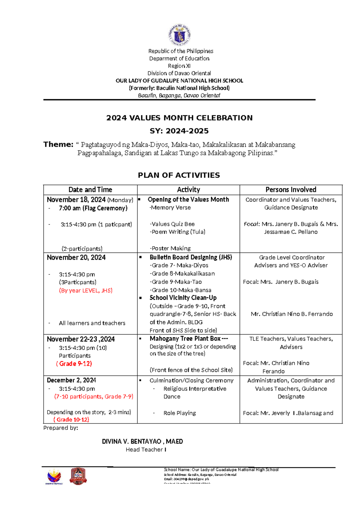 2024 Values Month Celebration Plan of Activities - Our Lady of ...