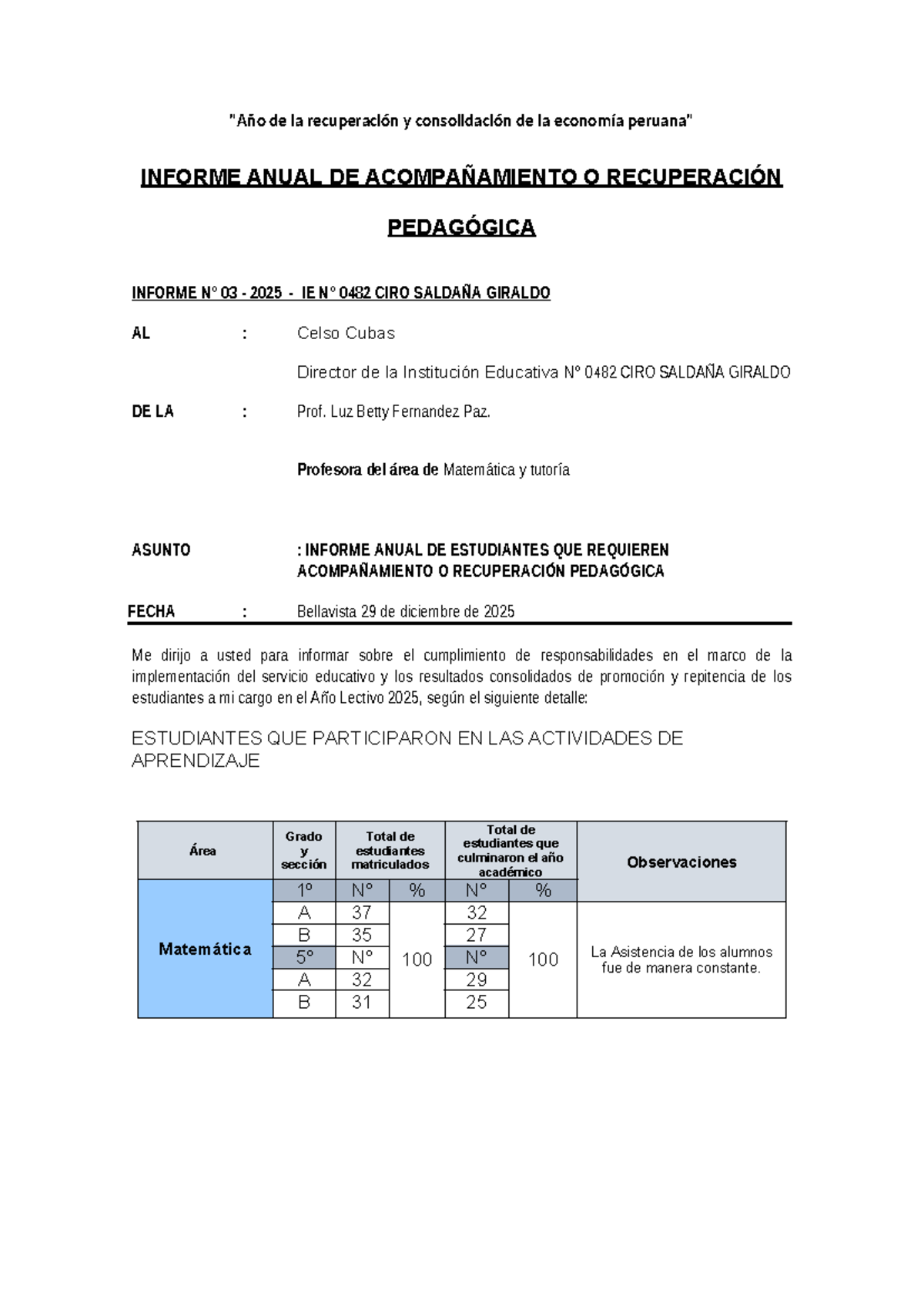 Informe Anual de Acompañamiento Pedagógico 2025 - IE N° 0482 - Studocu