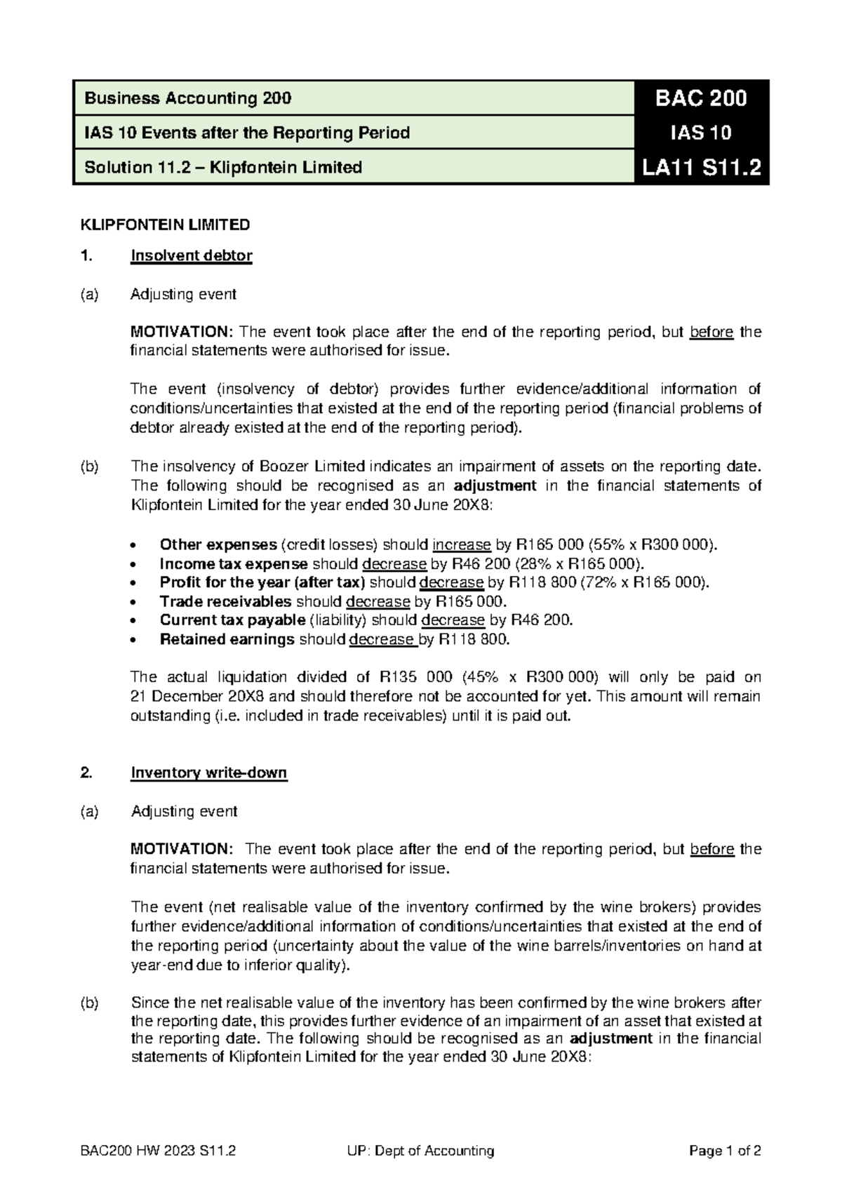 BAC 200 Business Accounting 200 IAS 10 Adjustments for Klipfontein Ltd ...