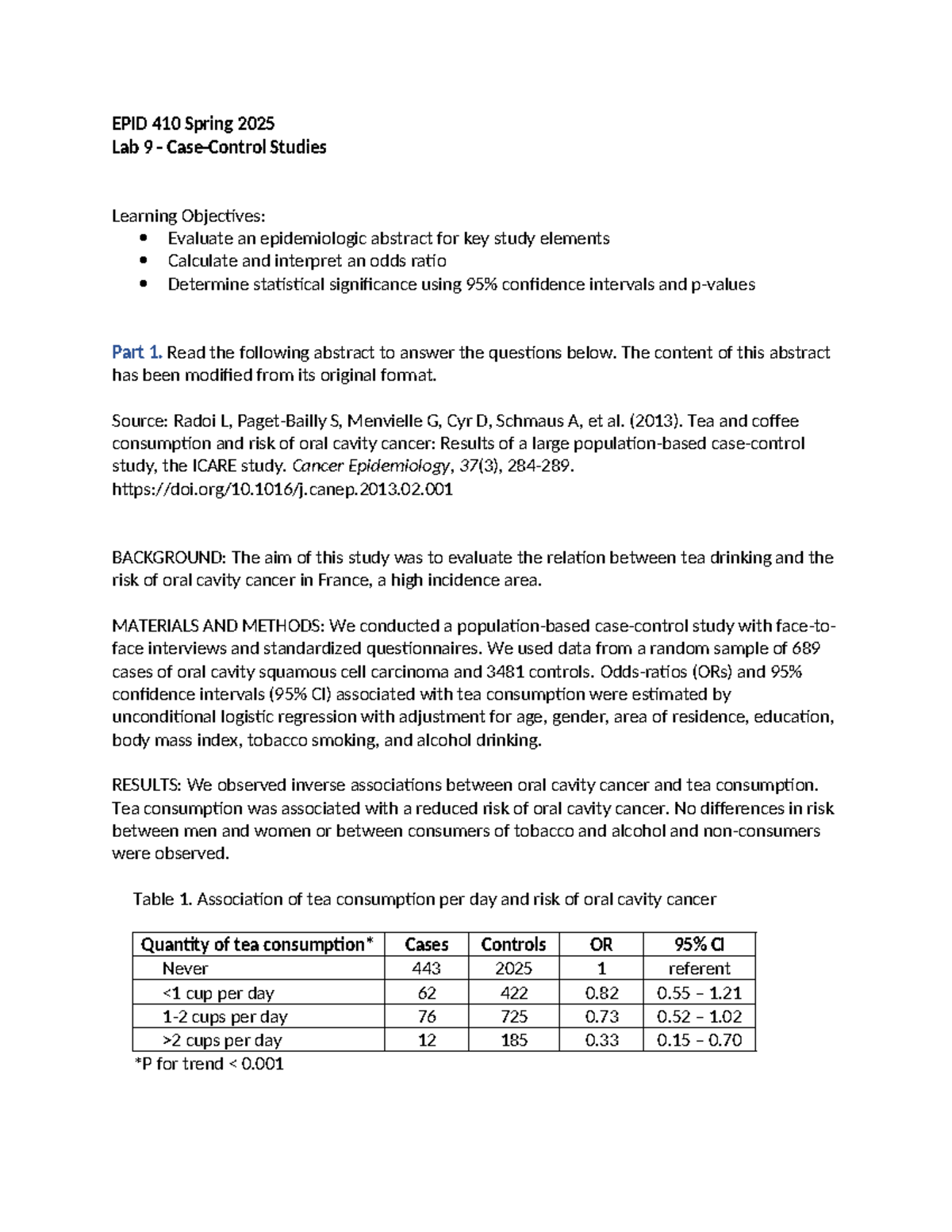 9. Case-Control Studies Lab - EPID 410 Spring 2025 Lab 9 - Case-Control ...