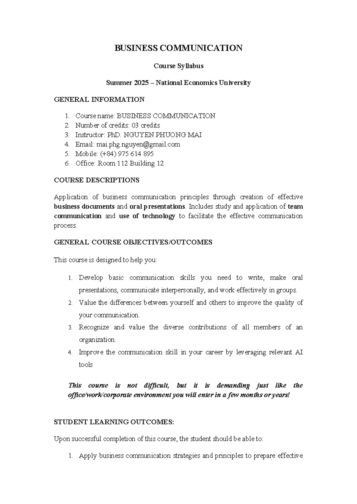 BUSINESS COMMUNICATION Syllabus (03 Credits) - Summer 2025 - Studocu