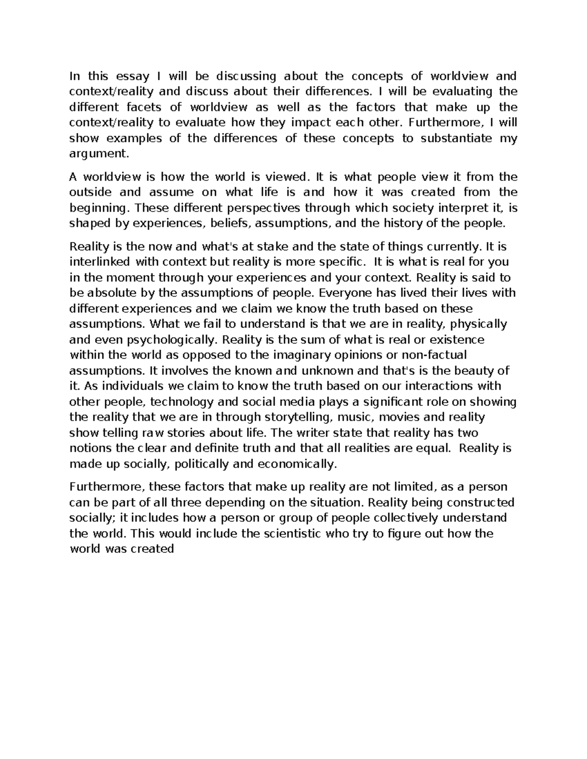 Ethics Assignment: Exploring Worldview and Reality Differences - Studocu