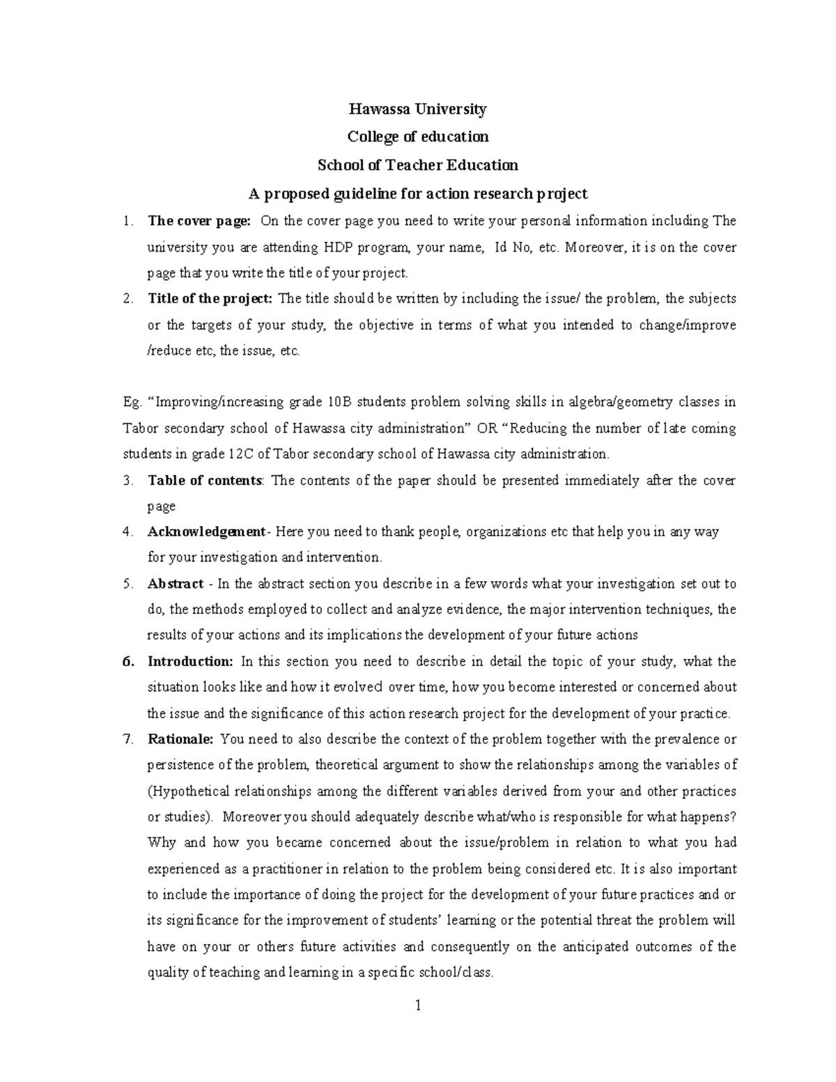 Action Research Project Guidelines for HDP Program at Hawassa ...