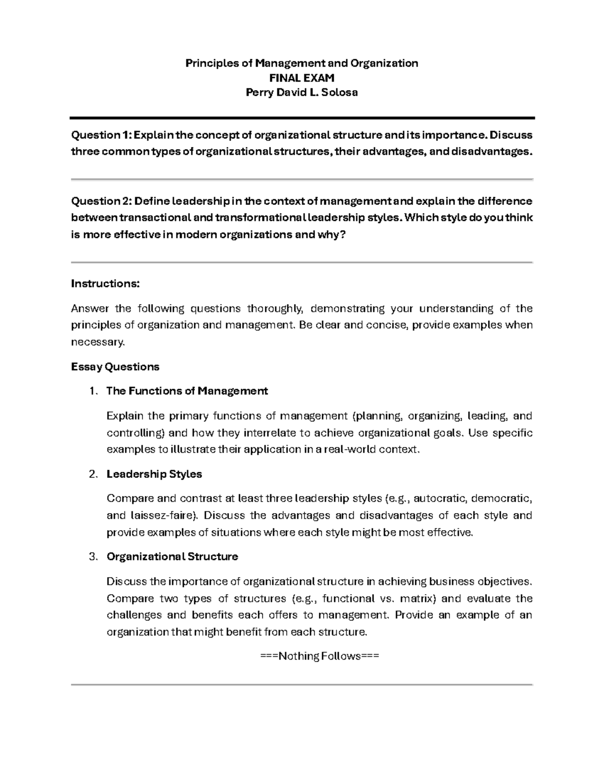 2026 FINAL EXAM: Principles of Management & Organization Insights - Studocu