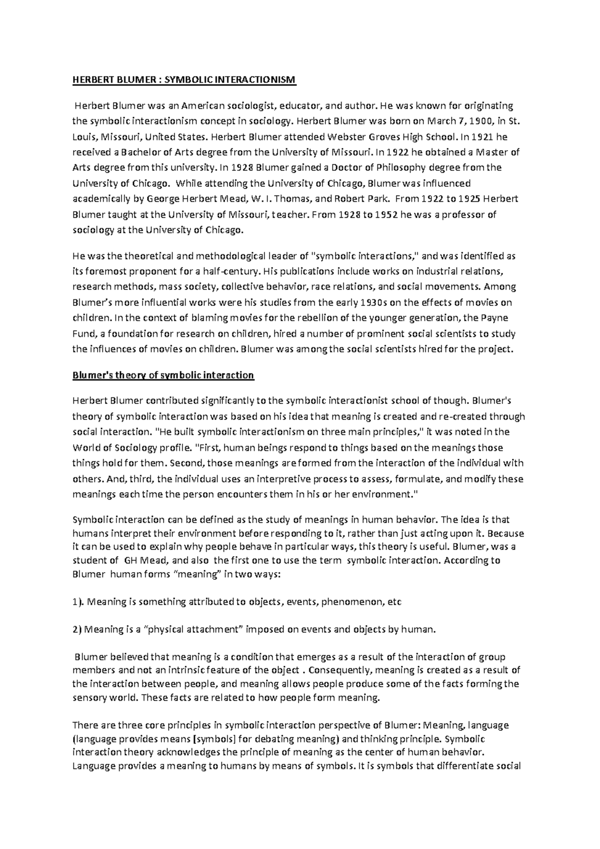 HERBERT BLUMER: SYMBOLIC INTERACTIONISM AND ITS IMPACT ON SOCIOLOGY ...