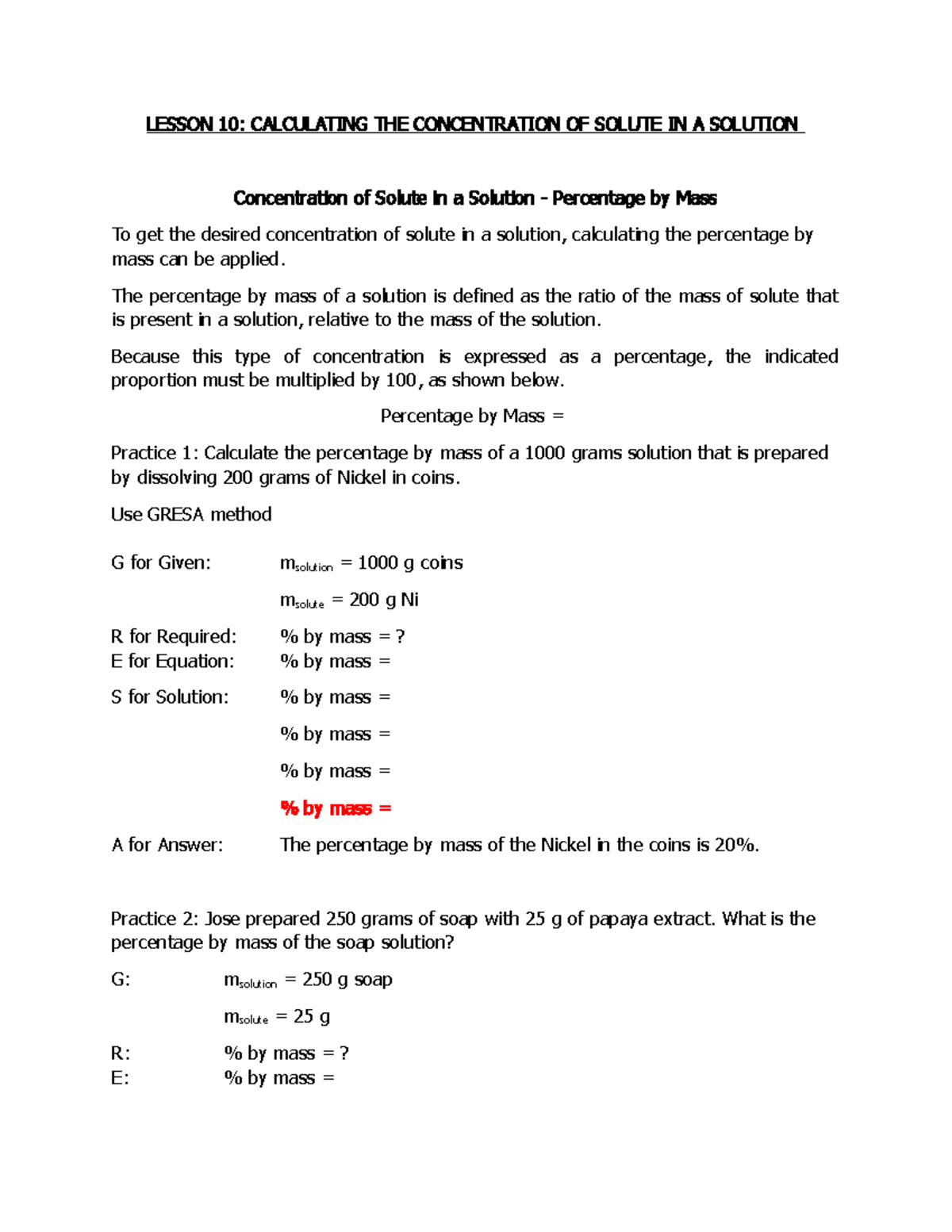 Lesson 10 - Grade 7 Science: Solute Concentration Calculation - Studocu