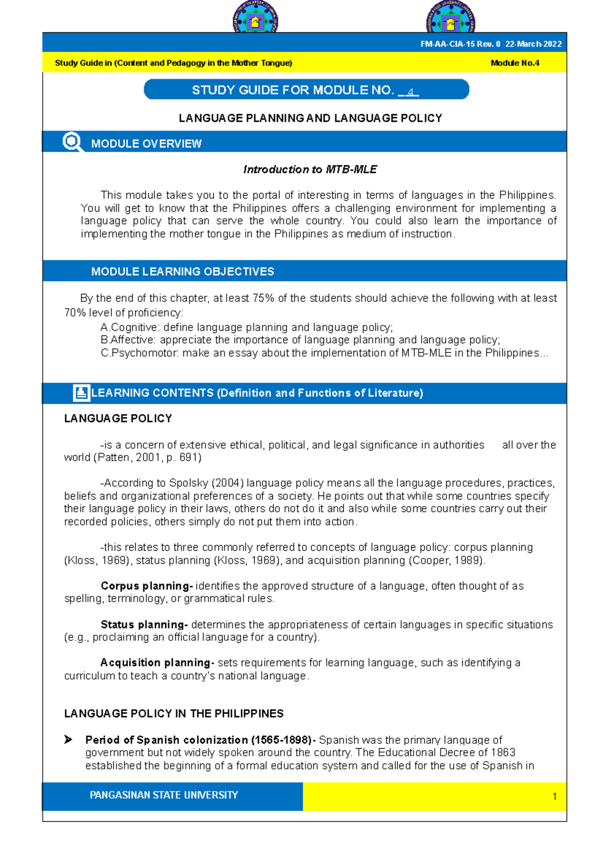 Language Planning and Policy: MTB-MLE in the Philippines Study Guide ...