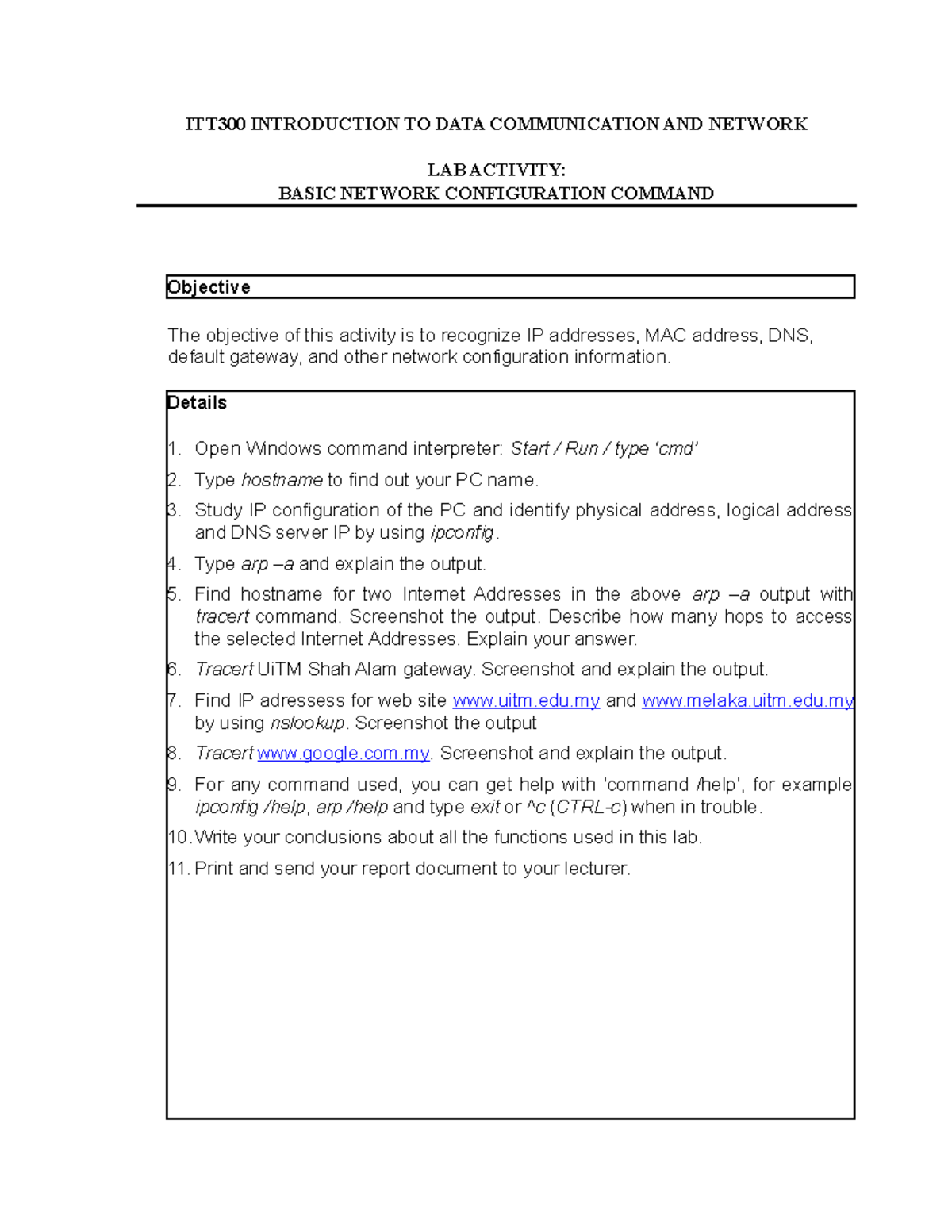 ITT300 Lab Activity: Basic Network Configuration Commands and Analysis ...