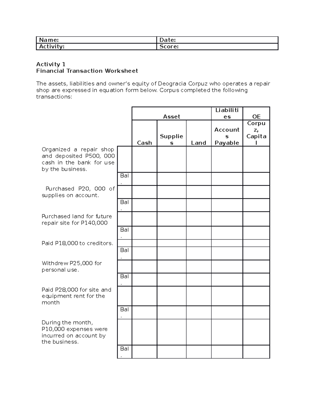 Accounting 101: Exercise 2 on Accounting Equation Transactions - Studocu