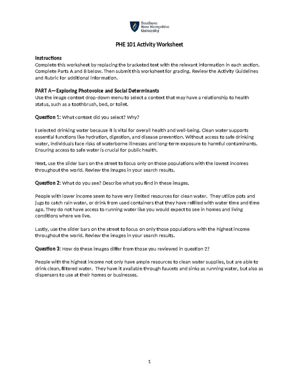 PHE 101 Activity Worksheet: Exploring Social Determinants in Health ...