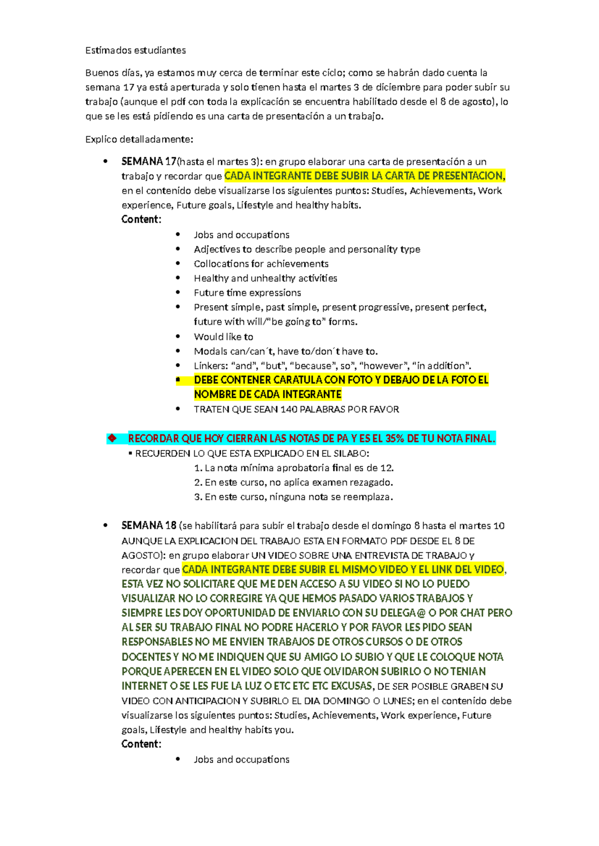 Indicaciones para las Semanas 17-18: Trabajo Final en Grupo - Studocu