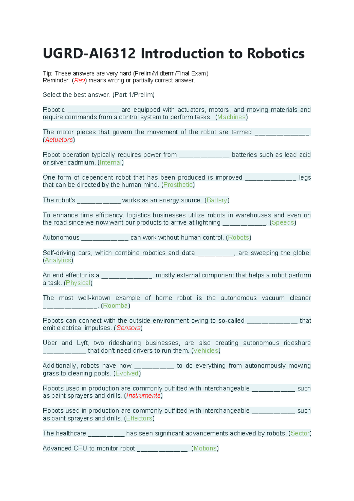UGRD-AI6312 Intro to Robotics Answer Key (Prelim & Midterm) - Studocu