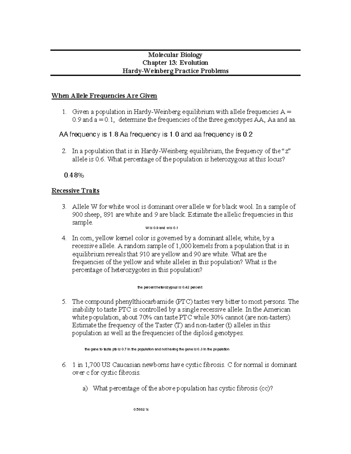 Hardy-Weinberg Practice Problems (Molecular Biology CH13) - Studocu