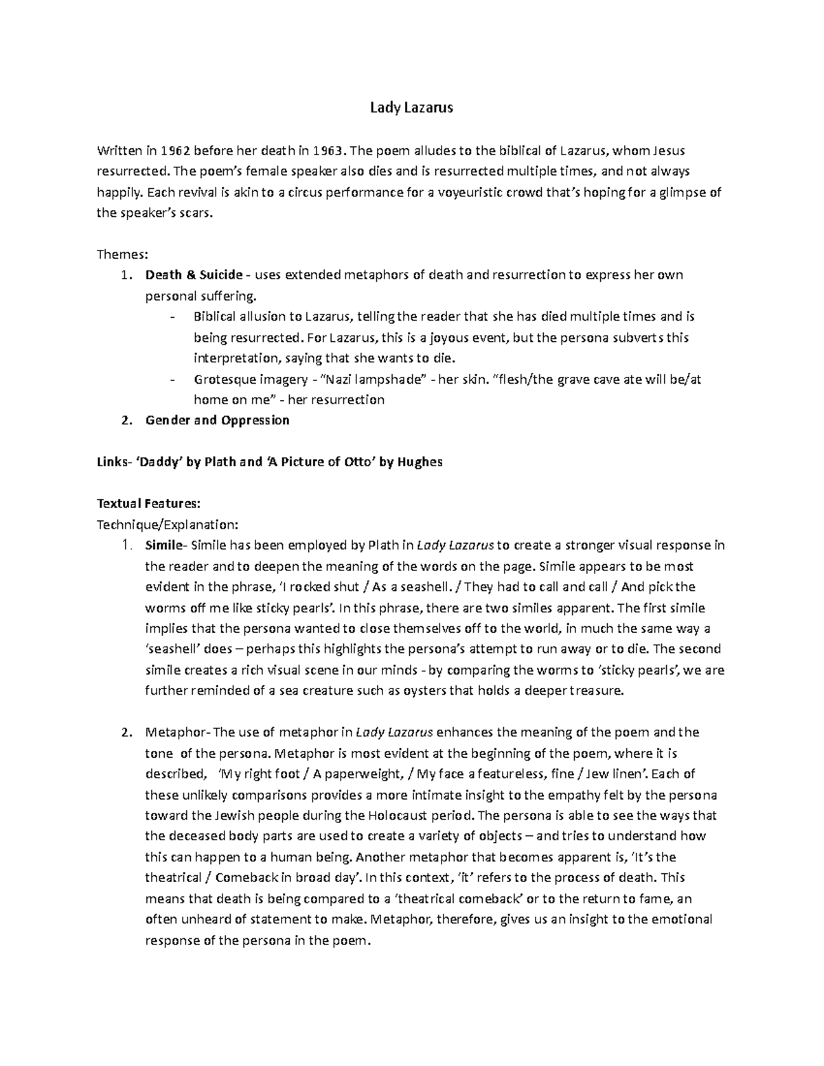 English Advanced 2025 - Lady Lazarus Analysis and Themes - Studocu