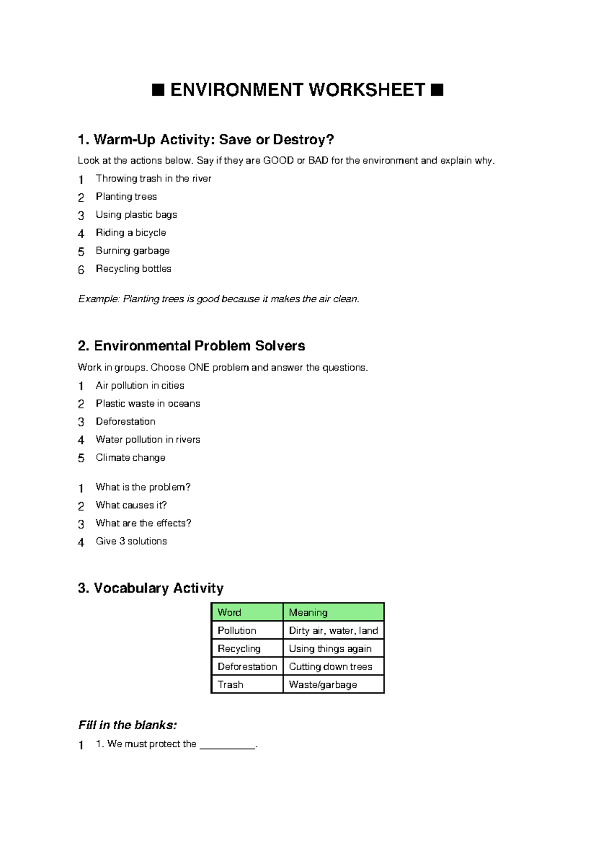 ENVIRONMENT WORKSHEET 1: Save or Destroy? Activities & Solutions - Studocu
