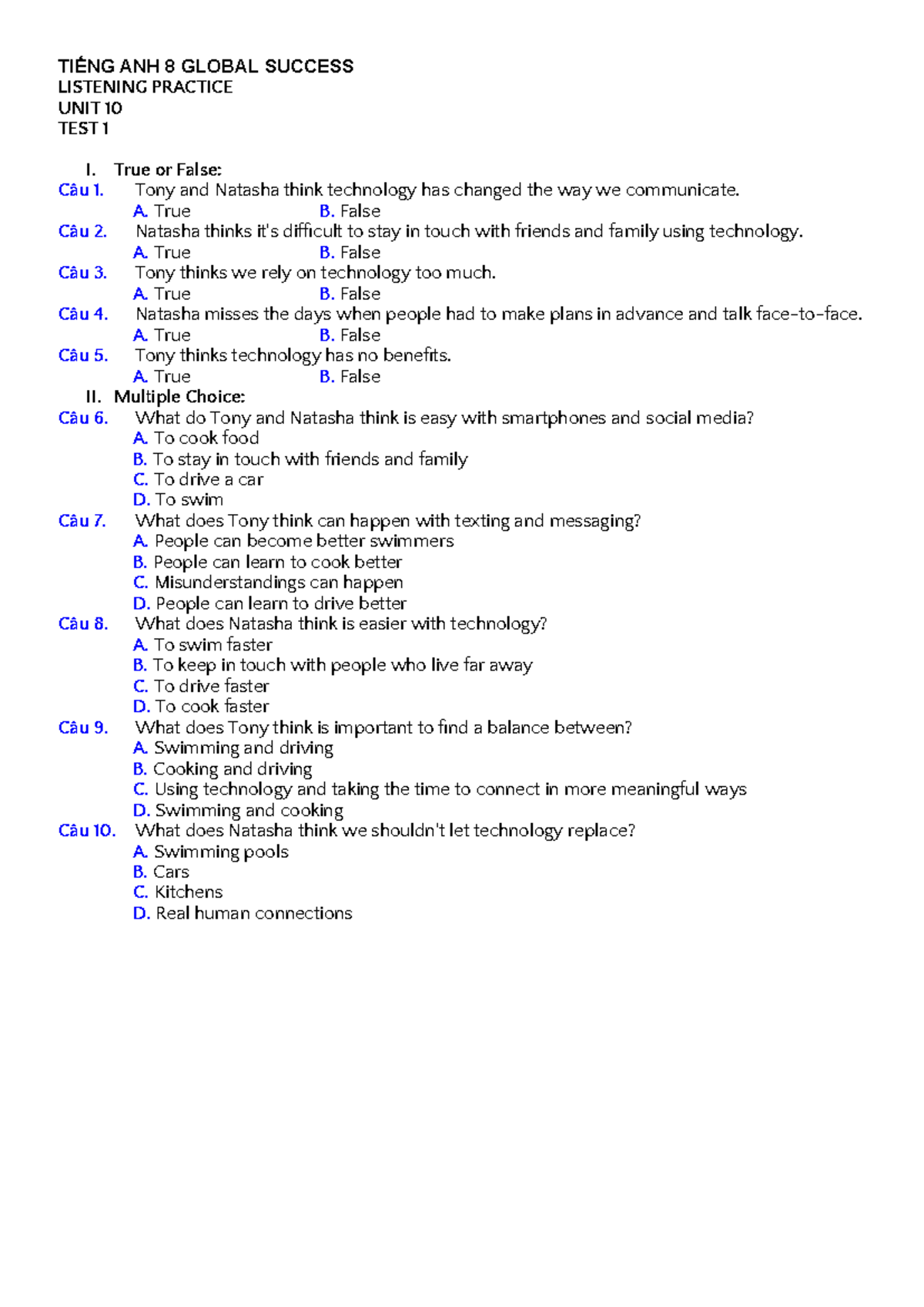 TIẾNG ANH 8 GLOBAL SUCCESS LISTENING PRACTICE UNIT 10 TEST 1 - Studocu