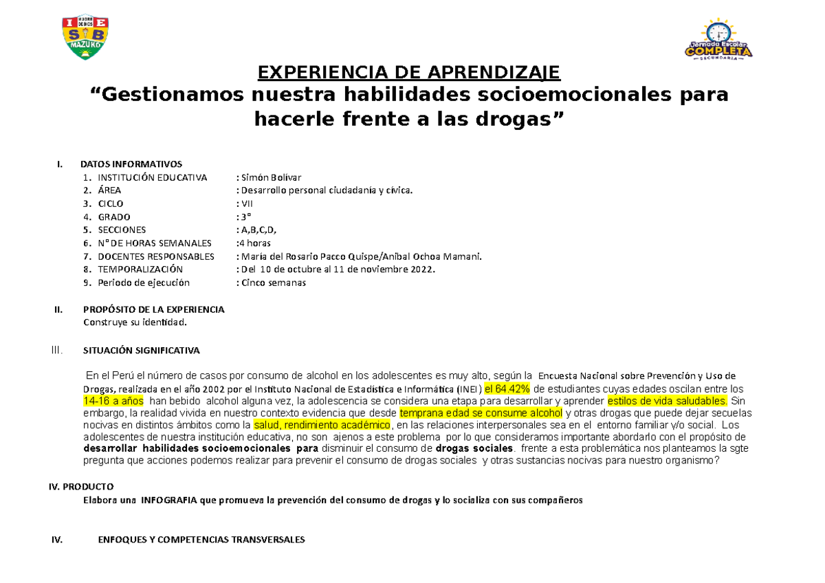 EDA 6-DPCC-3° - Planificación de una experiencia de aprendizaje elaborado para aplicar en - Studocu