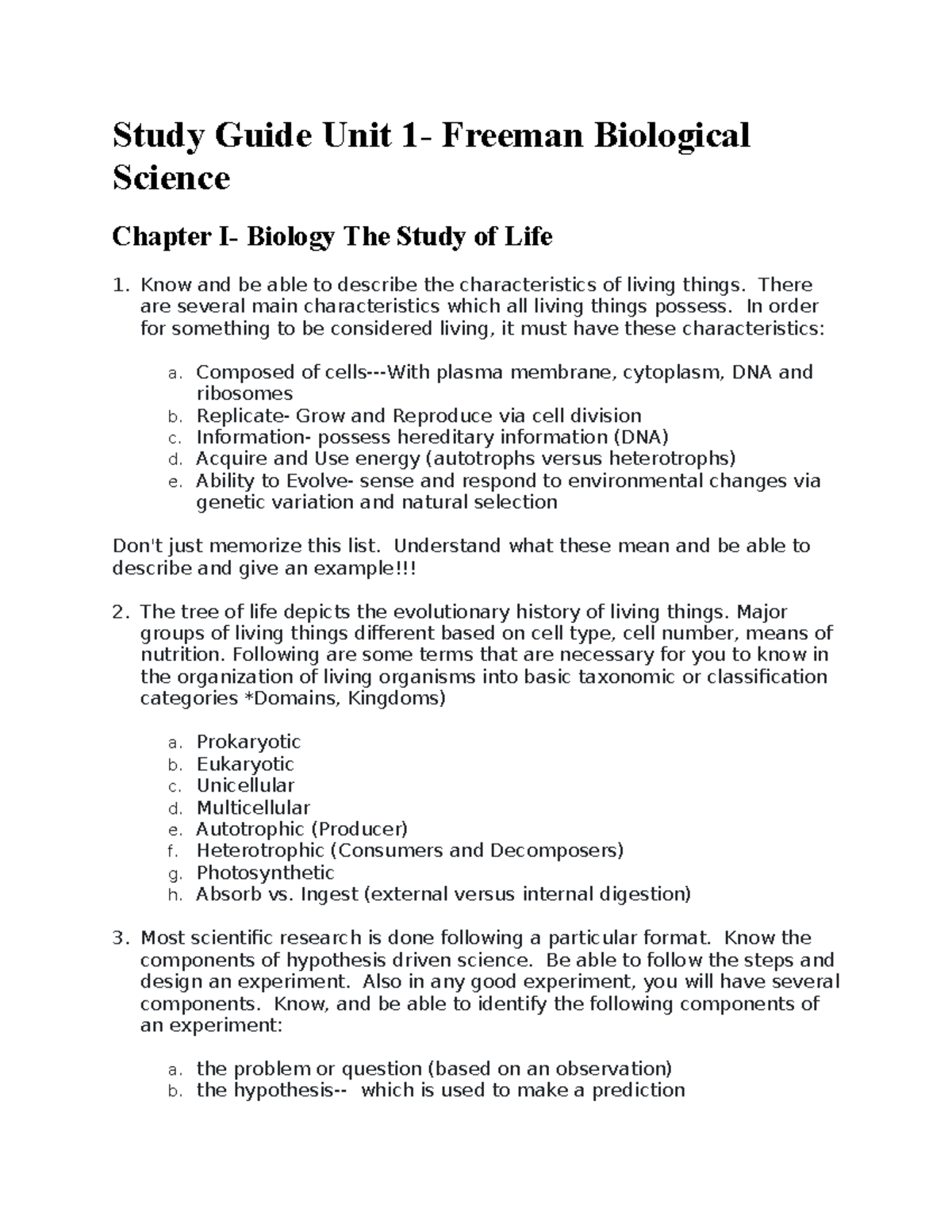 Study Guide for Biological Science (Unit 1, Chapters 1-6) - Studocu