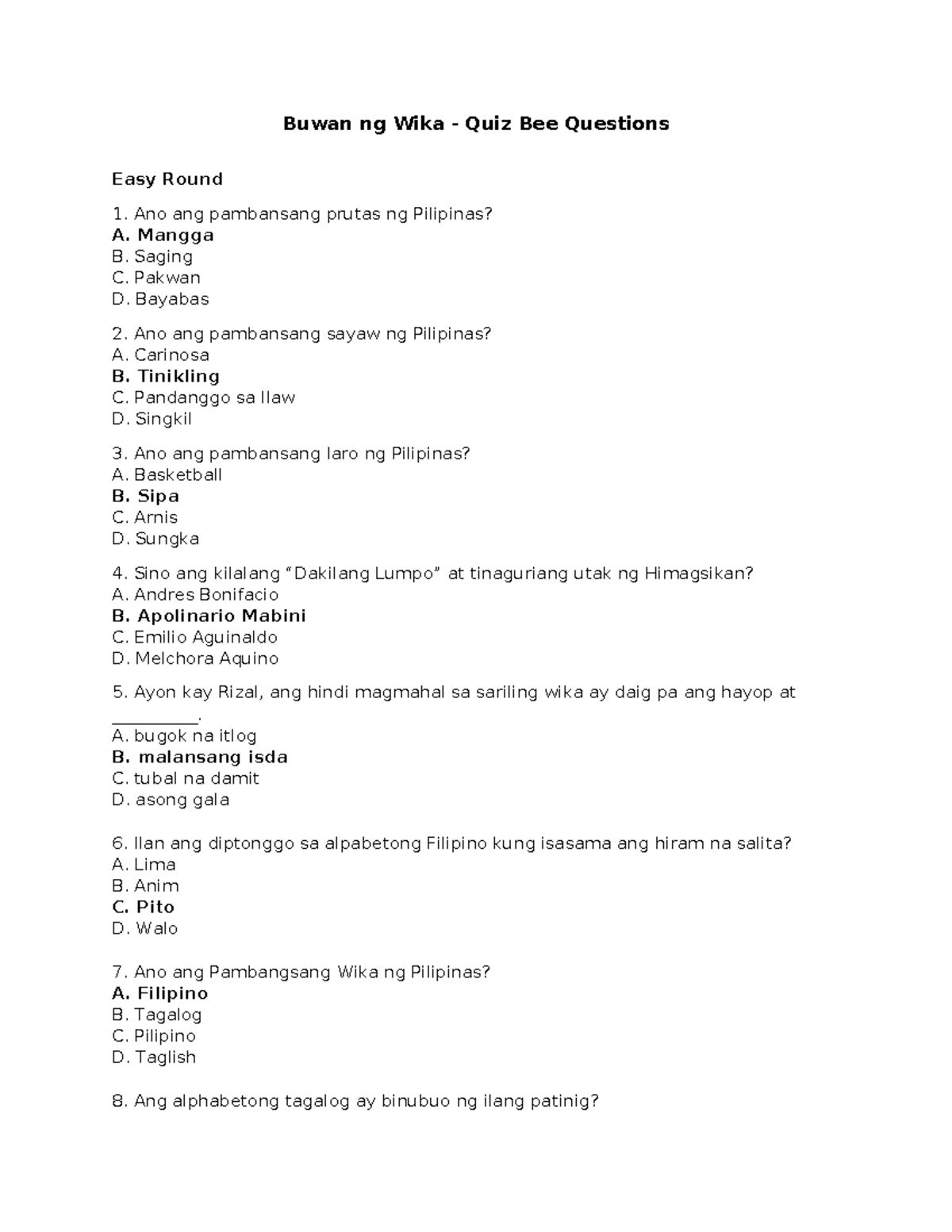 Buwan ng Wika Quiz Bee - Easy Round Questions for Filipino - Studocu