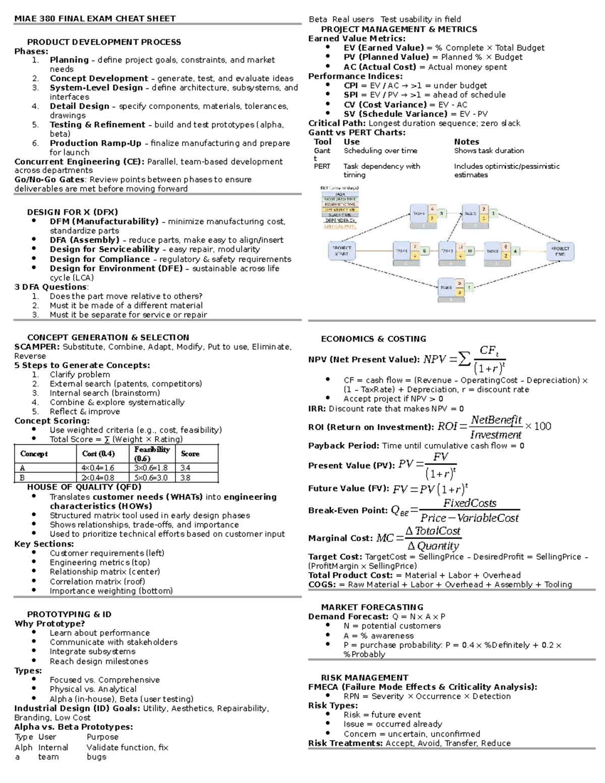 MIAE 380 FINAL EXAM CHEAT SHEET: PRODUCT DEVELOPMENT PROCESS - Studocu