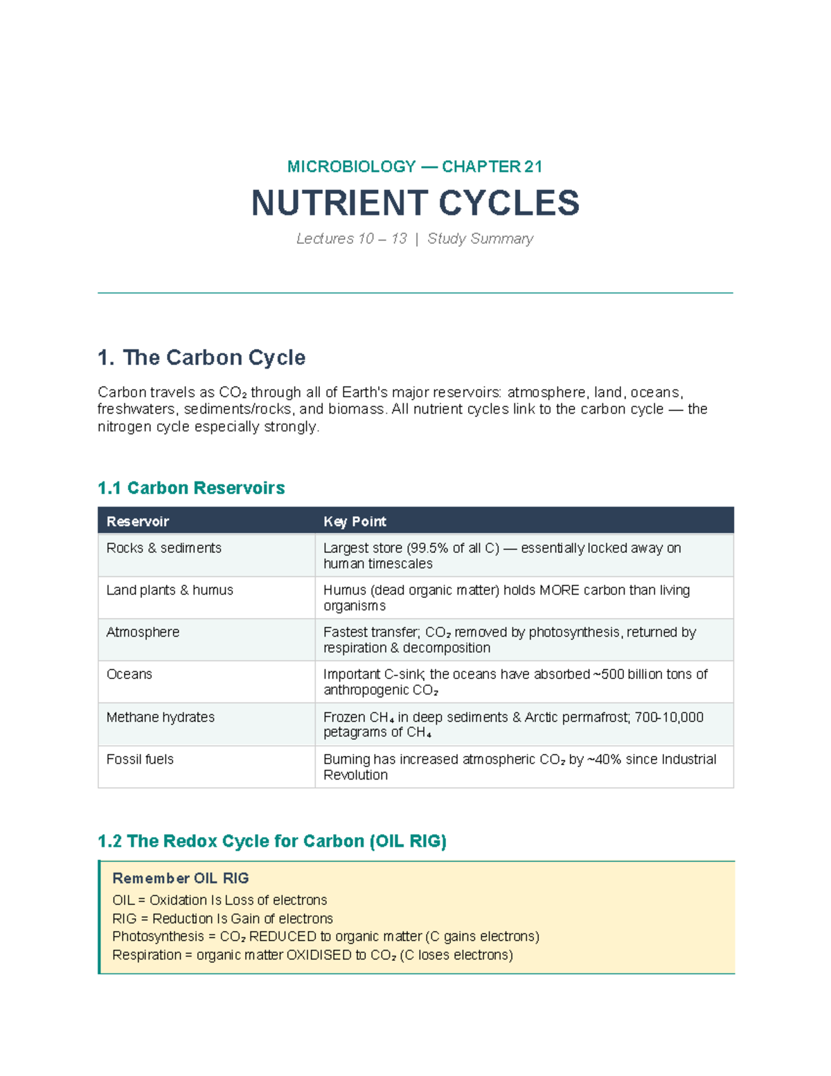 MICROBIOLOGY CHAPTER 21 NUTRIENT CYCLES LECTURE STUDY SUMMARY - Studocu